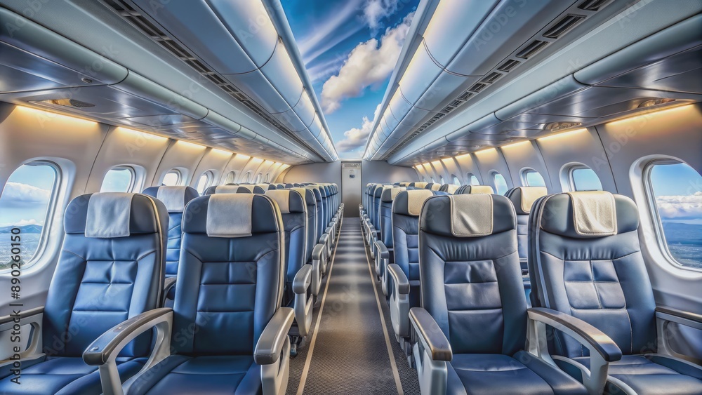 Airborne contrails streak across window as sleek aircraft interior ...