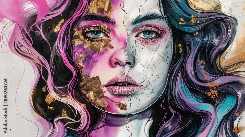 Ethereal Portrait with Gold Leaf and Marble Accents . An entrancing ...