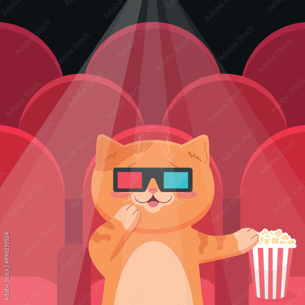 Cute ginger cat in 3d glasses sitting in movie theater and eating ...