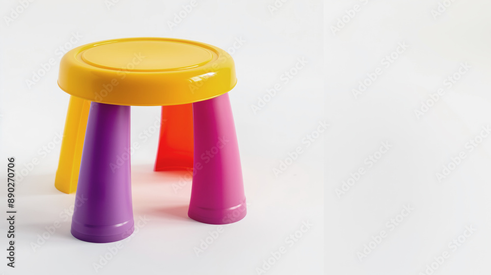 Colorful plastic stool with yellow seat and purple, pink, and red legs ...