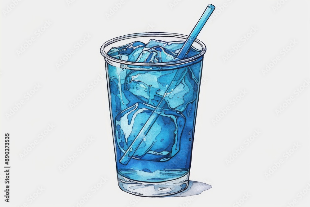 Cool blue iced drink with a straw illustrated in a minimalist style ...
