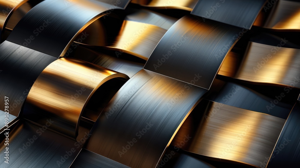 Interlocking black and gold metal ribbons form a sophisticated design ...