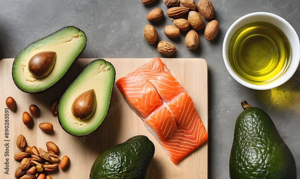 Healthy good fat sources, avocado, salmon fatty fish, olive oil and ...