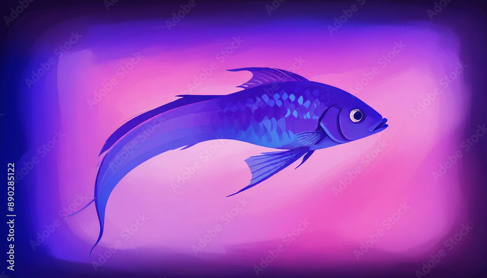 Stylized illustration of a fish ,in 80s synthwave inspired colours ...