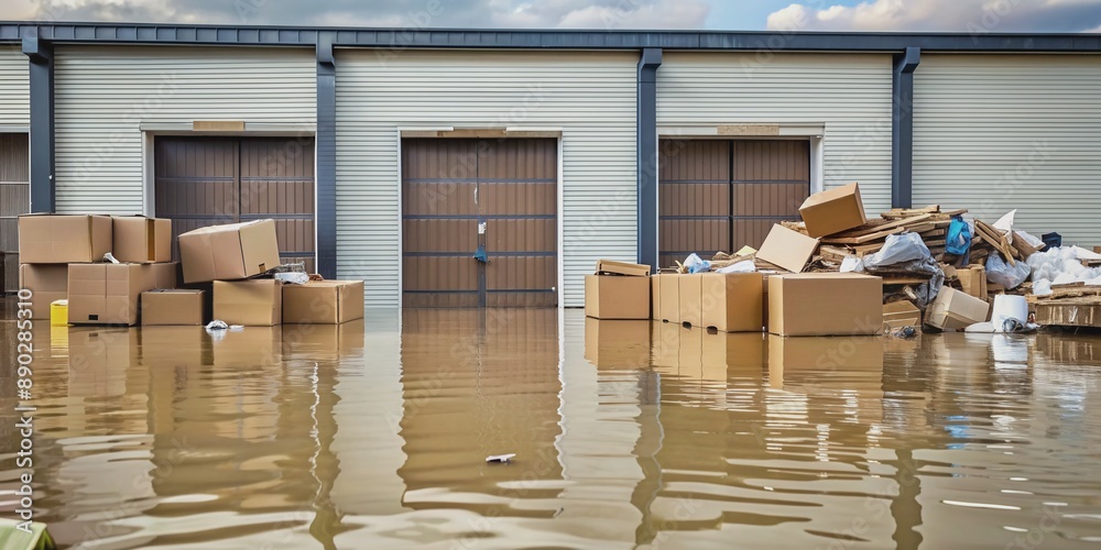 Waterlogged storage facility with cardboard boxes and debris floating ...