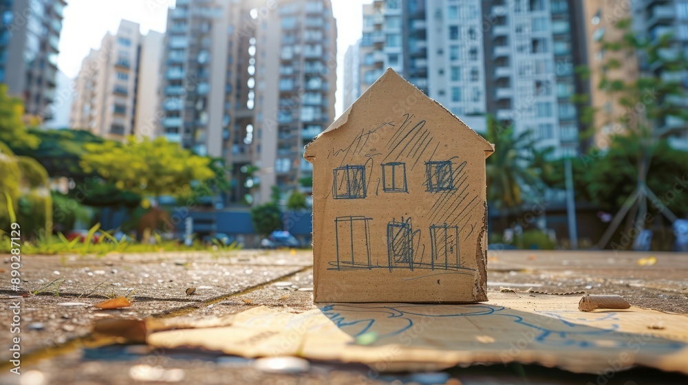 Foto de Cardboard house model in front of residential buildings. A ...