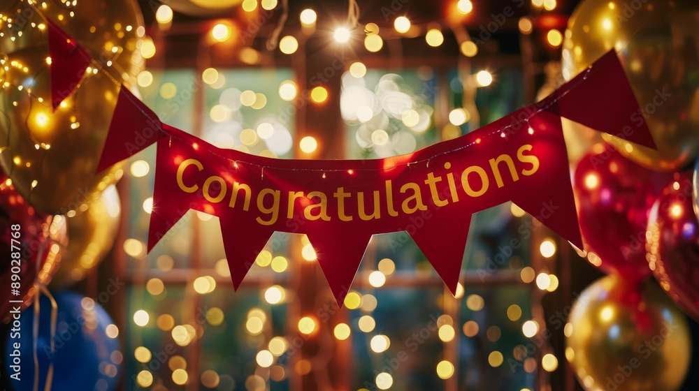 Festive congratulations banner with lights. A red banner with the word ...