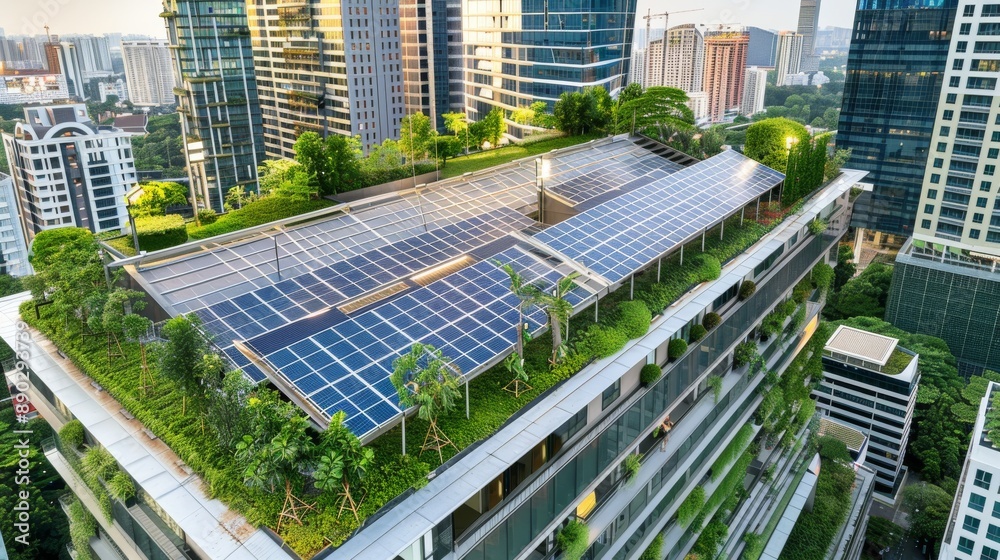 Aerial view of a rooftop garden with solar panels on a modern ...