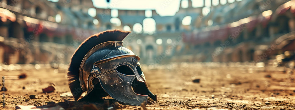 Roman gladiator helmet lying on the ground of an ancient arena with ...