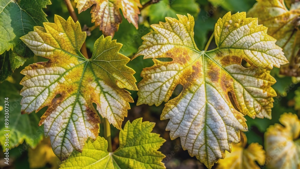 Yellowing grape leaves with white, cotton-like growths and blackish ...
