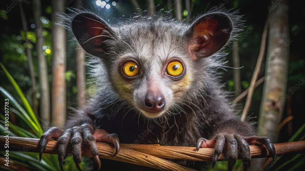Vibrant eyes glowing in darkness, a rare Aye-Aye lemur emerges from the ...