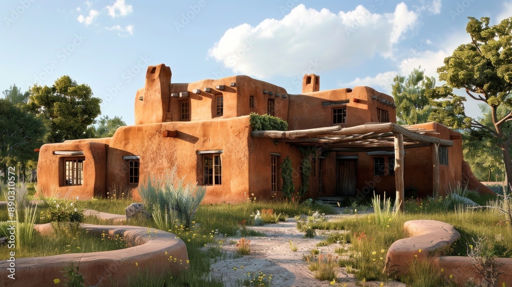 Generate a prompt for a photo realistic image of a Pueblo Revival adobe ...