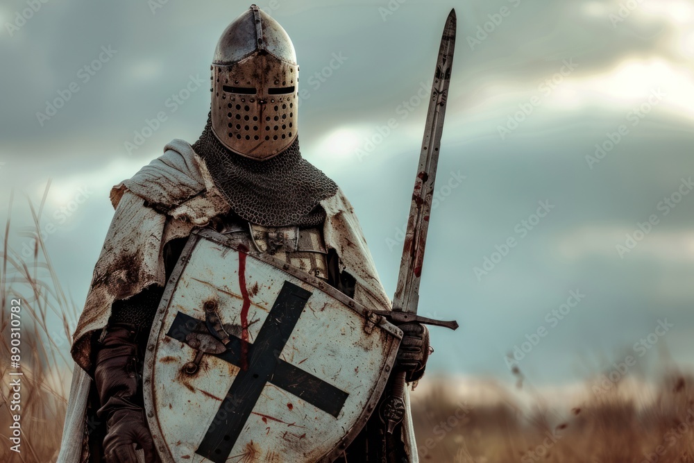 Portrait of knight templar, medieval warrior wearing helmet, standing ...