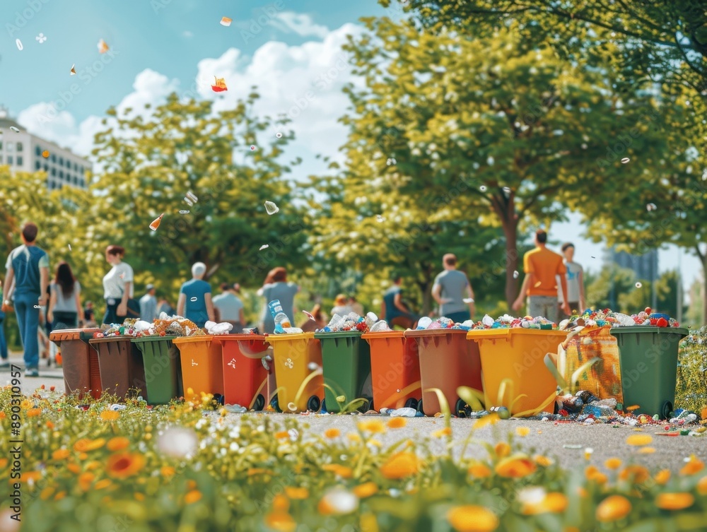 Community project for waste separation, with people segregating trash ...