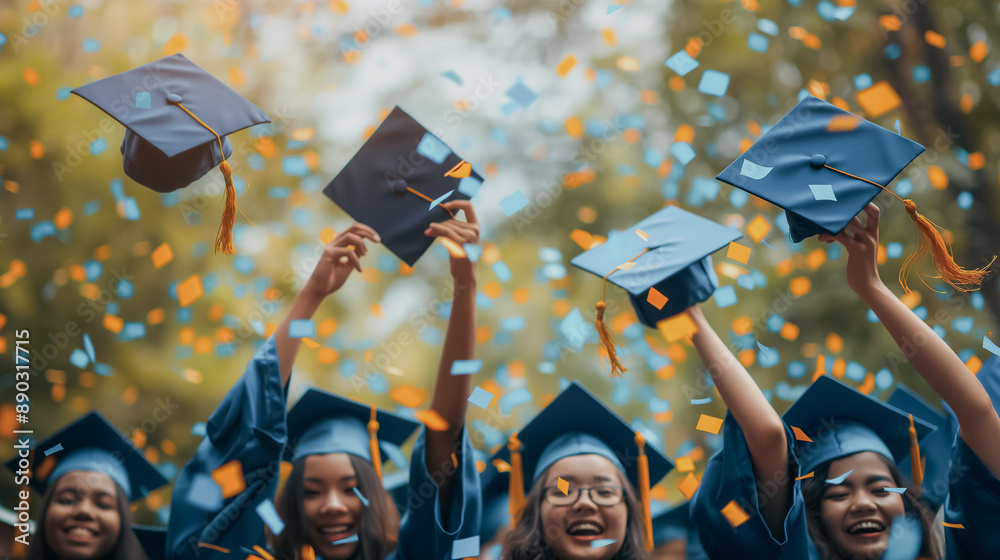 Happy students celebrating graduation by tossing hats in the air ...