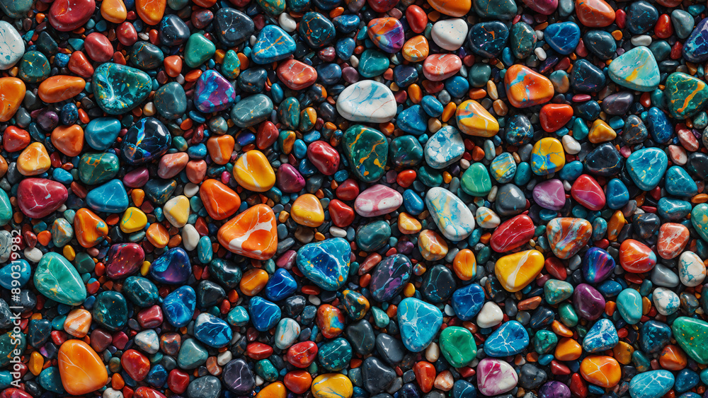 Colorful smooth round sea pebbles and various stones close-up texture ...