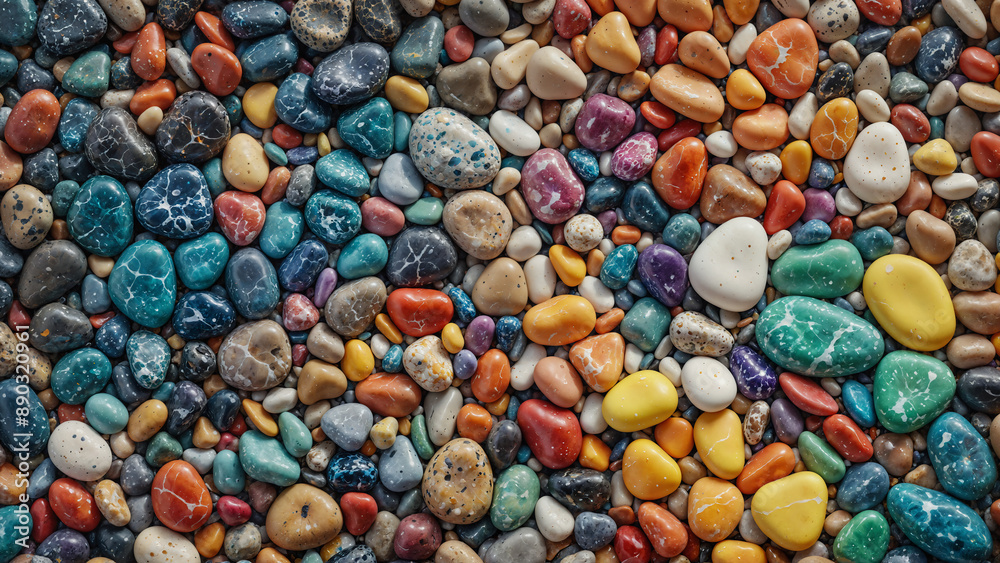 Colorful smooth round sea pebbles and various stones close-up texture ...