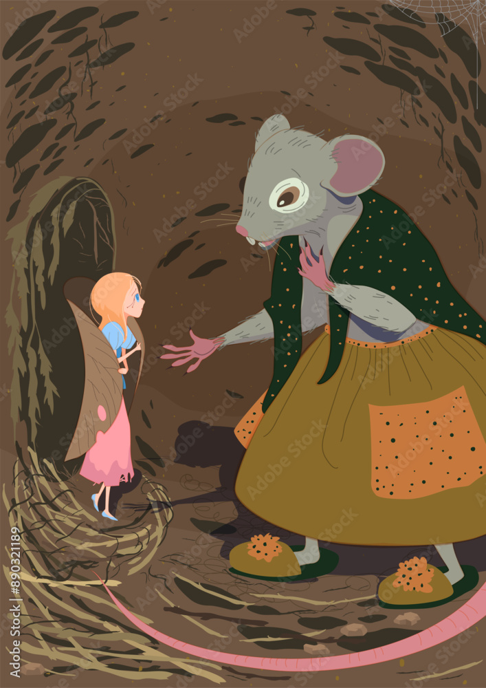 Little thumbelina and old mouse are talking underground in hole ...
