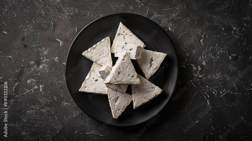 Goat cheese with gray mold arranged as a pyramid on a black plate ...