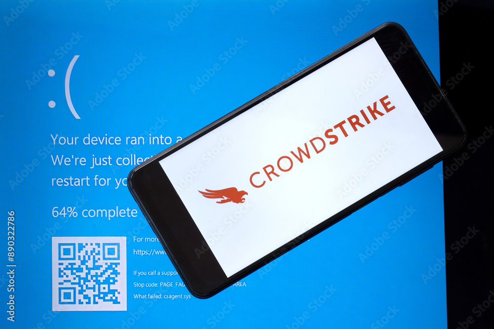 The CrowdStrike logo and a blue computer screen appeared during mass ...