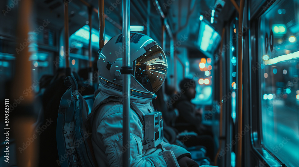 Astronaut in full gear sitting inside a city bus at night. Stock ...