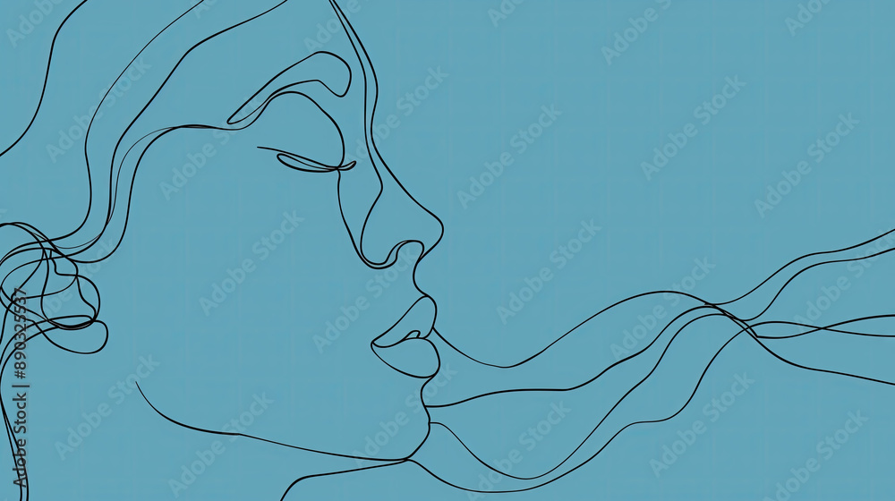 minimalist line drawing of a woman's profile on a blue background. The ...