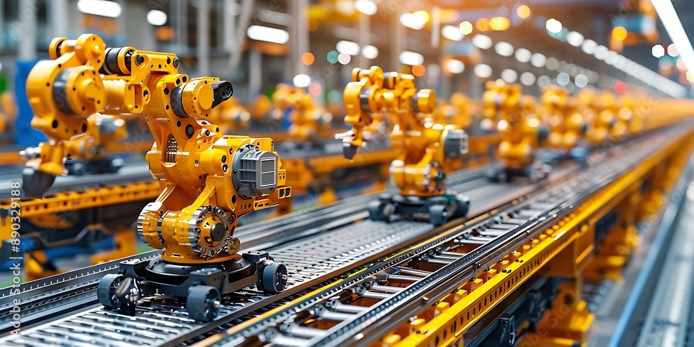 Industrial robot arm assembly line in factory. Concept of artificial ...