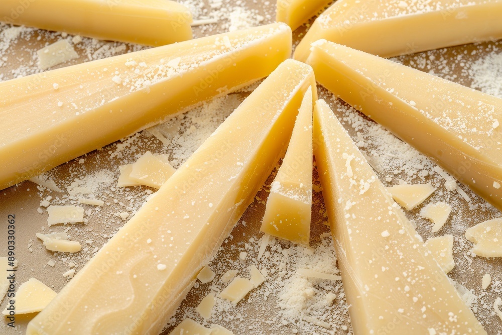A round wheel of aged parmesan cheese with a triangular wedge cut out ...