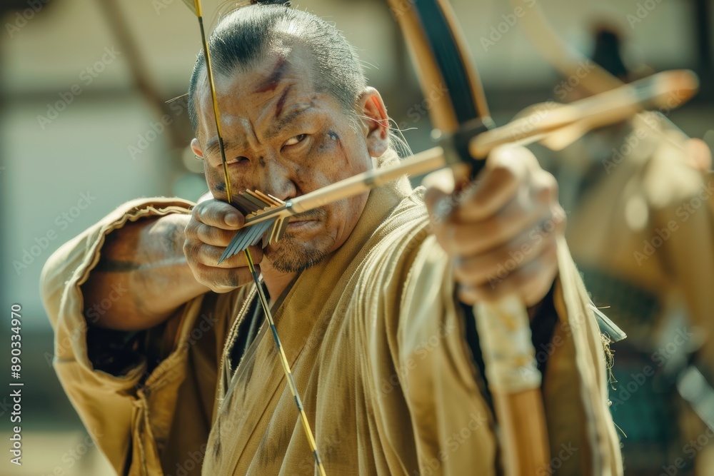 Venerable Asian archer in traditional armor draws his bow with ...