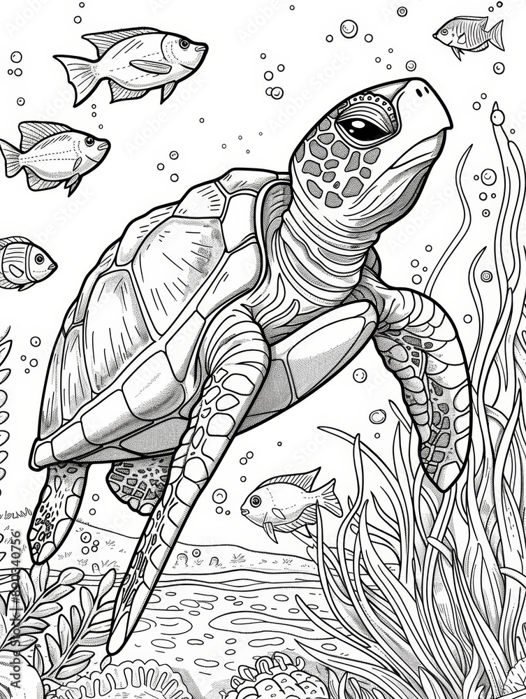 Sea turtle swimming with fish and seaweed in an underwater scene ...
