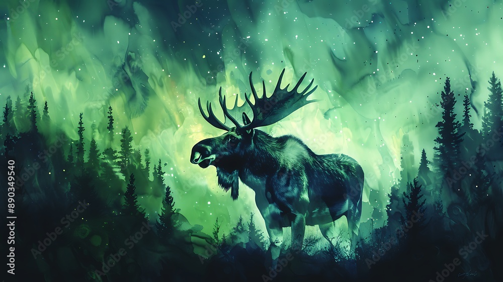 A double exposure watercolor painting of a majestic moose, the northern ...