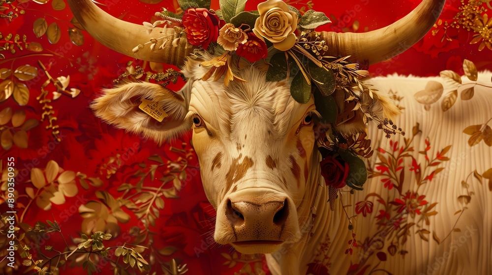 This image is a depiction of a cow with flowers on its head. The cow is ...