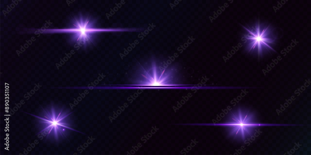 Set of purple glowing light effects isolated on transparent background ...