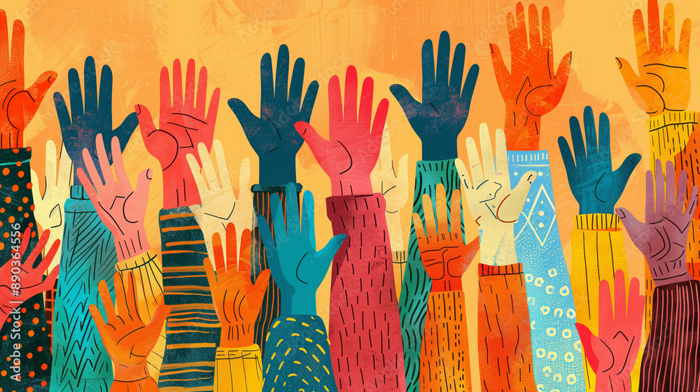 The drawing showing diverse, colorful hands raised in the air reflects ...