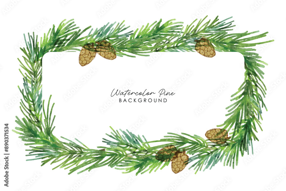 Green pine branches and cones frame. Watercolor pine and pine corn ...