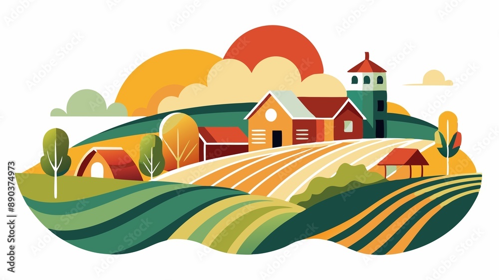 stylized illustration of farm scene, featuring abstract lines and ...