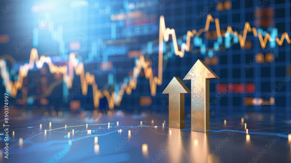 3D arrows pointing upwards on stock market graph background showing ...