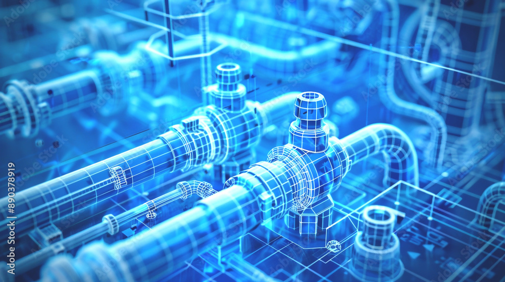 Building pipe and valve tube system architectural blueprint, industrial ...