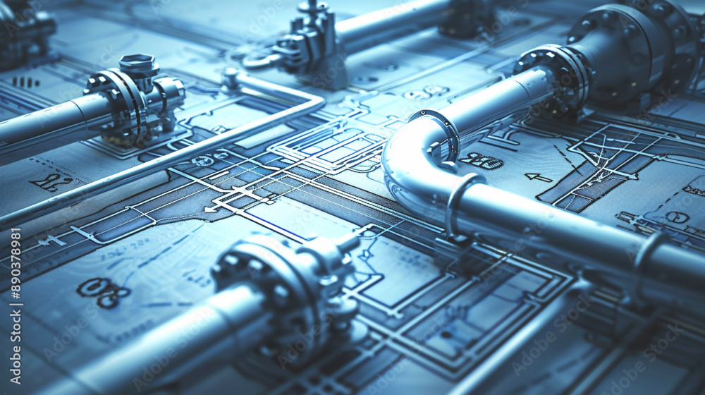 Building pipe and valve tube system architectural blueprint, industrial ...