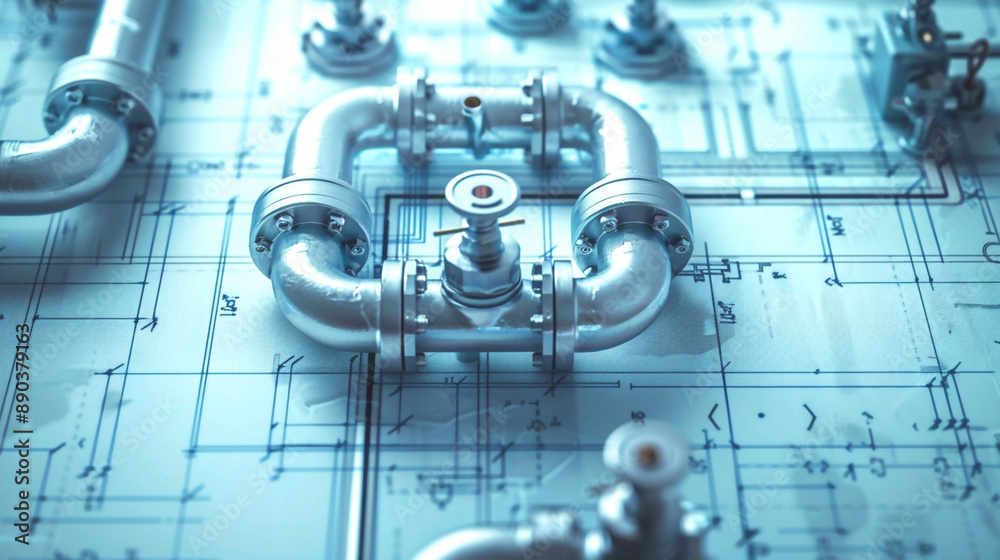 Building pipe and valve tube system architectural blueprint, industrial ...