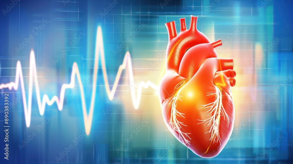 3d human heart with an ECG line and echocardiogram wave on a blue ...
