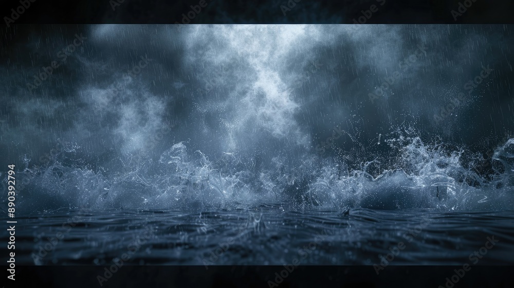 Intense rain splashes and thick fog overlaying a dark background ...
