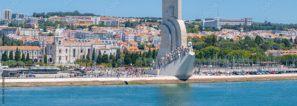 Aerial close up of the both sides of the monument to the Discoveries at ...
