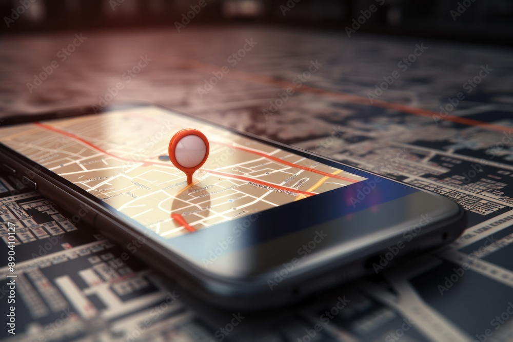 3D location map, search bar and pin on mobile phone. Red GPS pointer ...