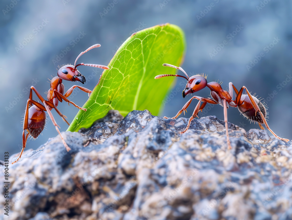 Ants working together to move a large leaf, teamwork concept, unity in ...