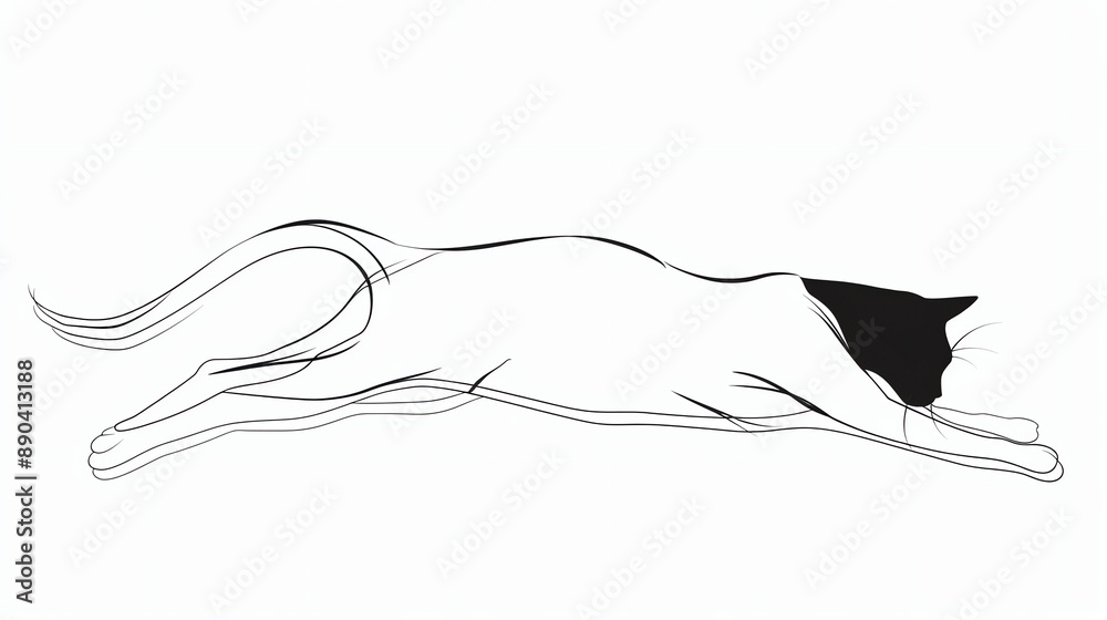 A simple line drawing of a cat stretching. The cat is in a relaxed pose ...