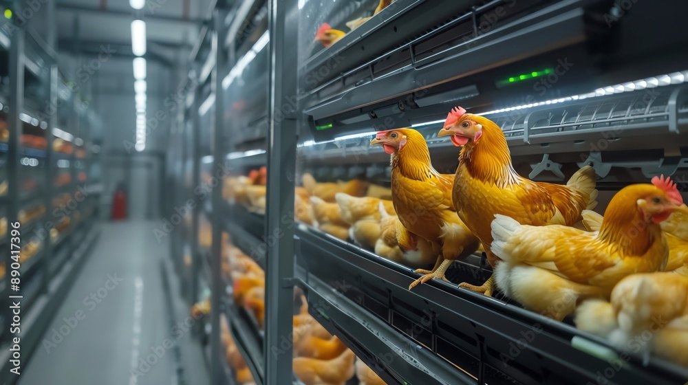 Indoor chicken farm with vertical farming systems, rows of laying hens ...