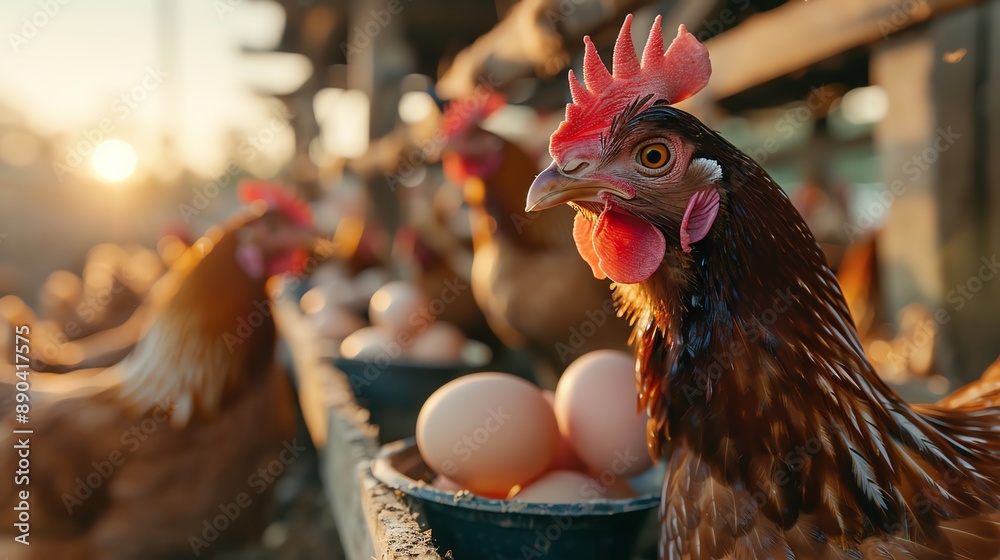Modern chicken farm with advanced automated feeding systems, happy ...