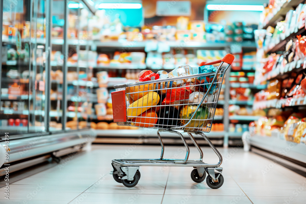 full trolley inside a grocery store over flowing with diverse products ...