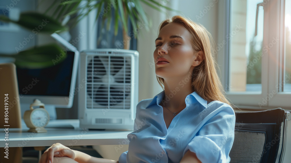 Young businesswoman suffering from hot summer temperature heat, sitting ...